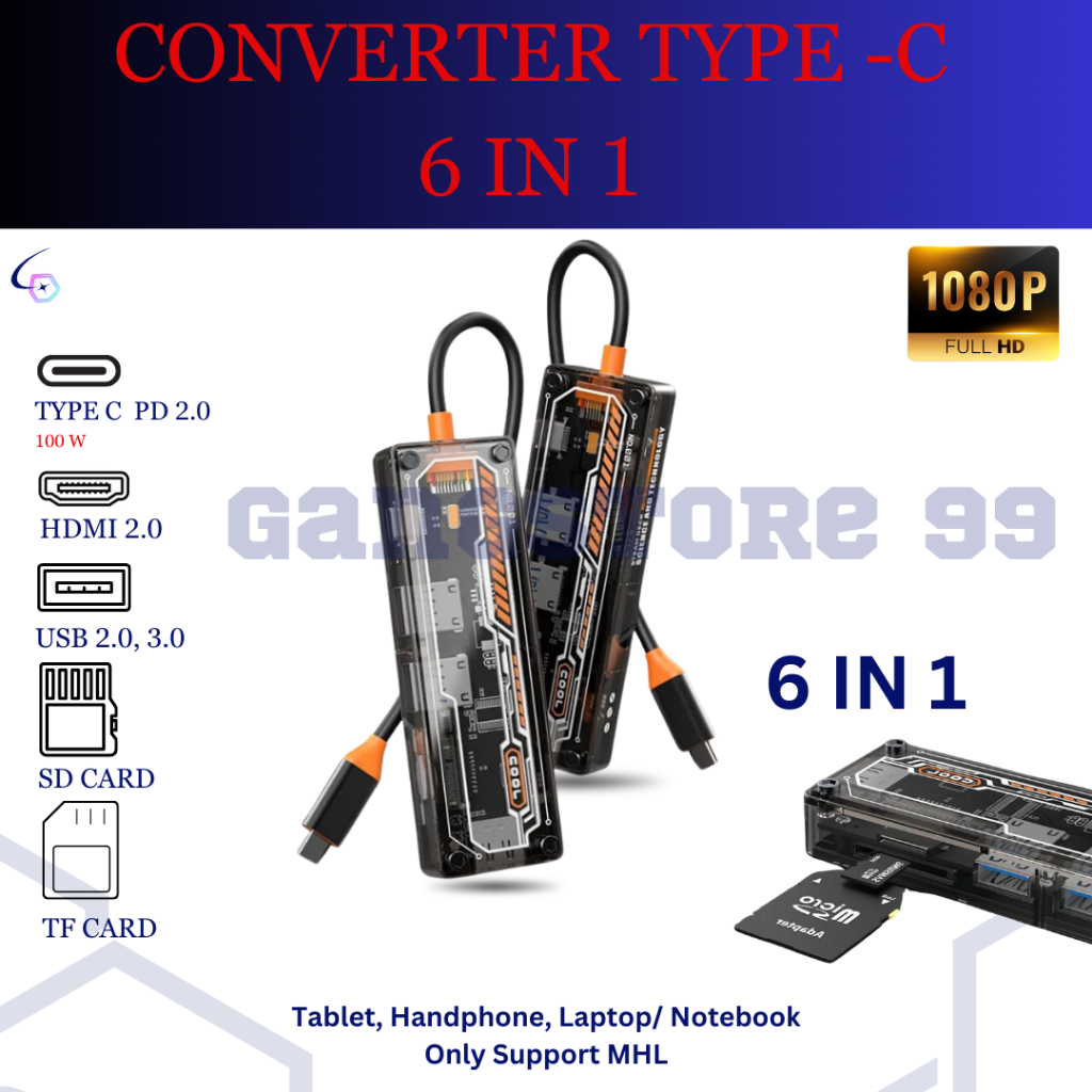 Jual 6 in 1 Converter Multiport Hub Type C USB - C Adapter HUB 6 IN 1 TRANSPARENT, HUB USB 6IN 1 ...