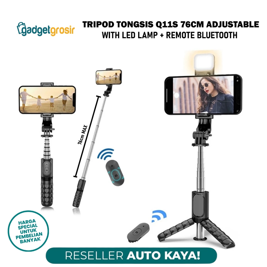 Jual Tongsis Tripod HP Q11s With LED Lamp Remote Bluetooth Shutter ...