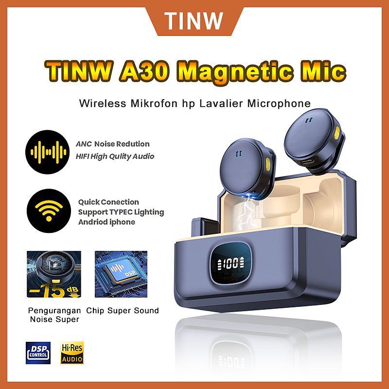 Jual TINW A30 Magnetic Mic Wireless Clip on Microphone Dual Mikrofon ...