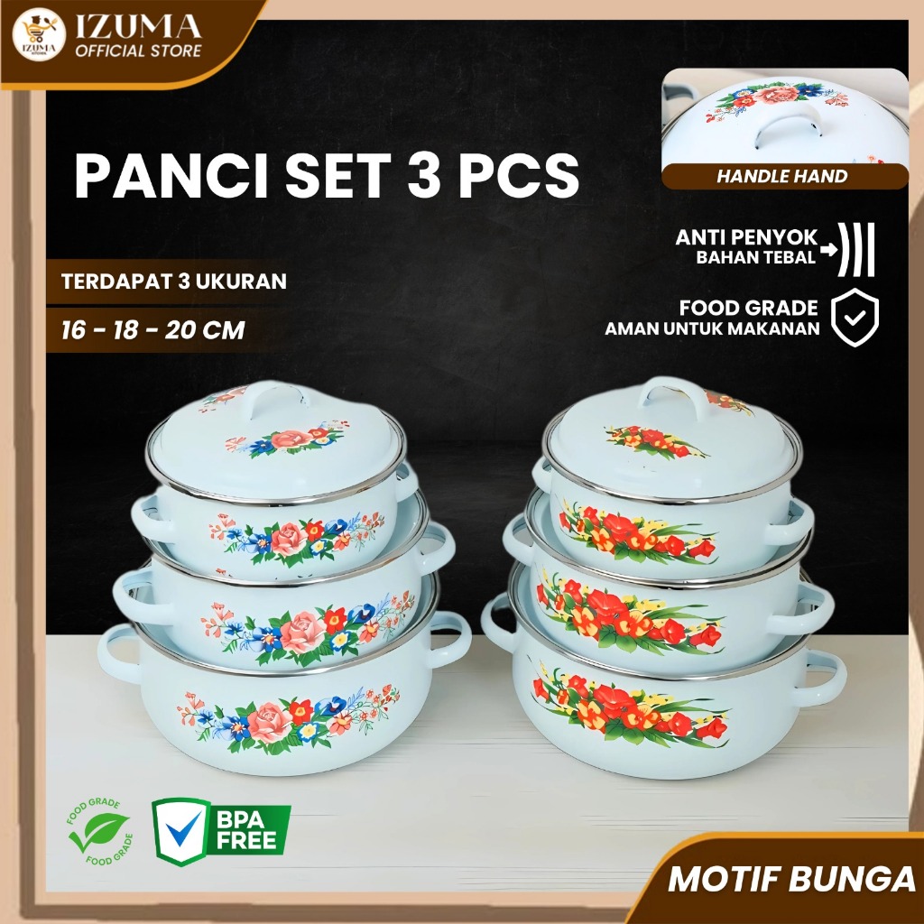 Jual IZUMA Panci Set 3 in 1 Bunga Bahan Kaca Enamel Tutup Kaca Dan ...