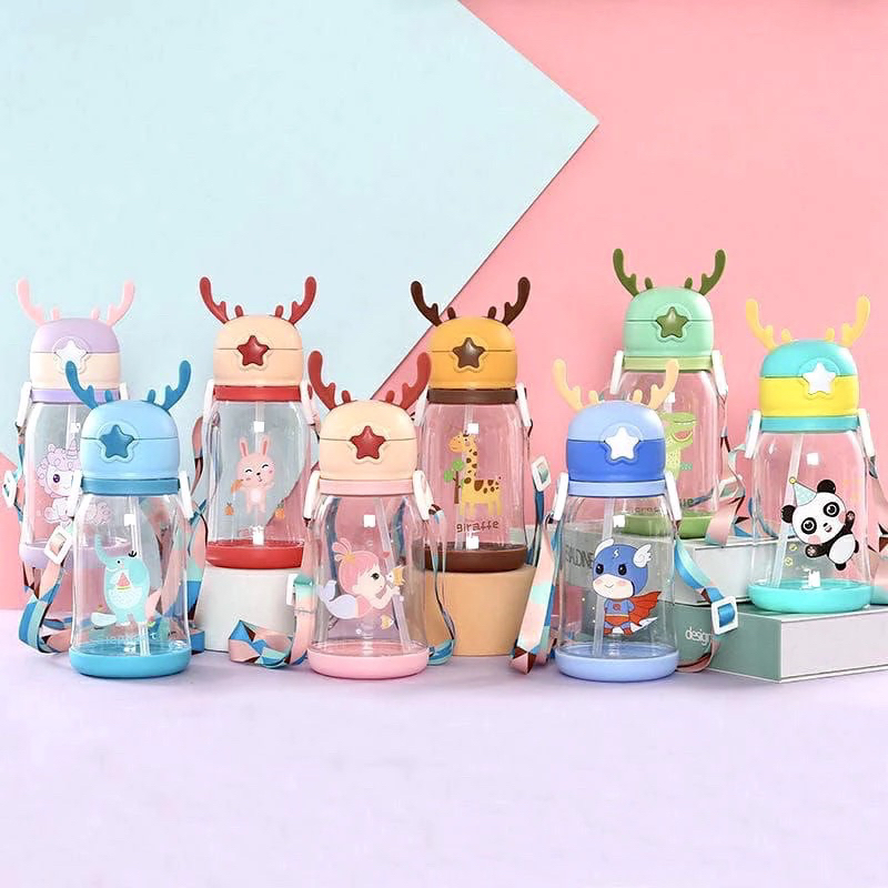 Jual Botol Air Minum Anak Model Tanduk Rusa dengan sedotan dan tali panjang / Botol karakter ...