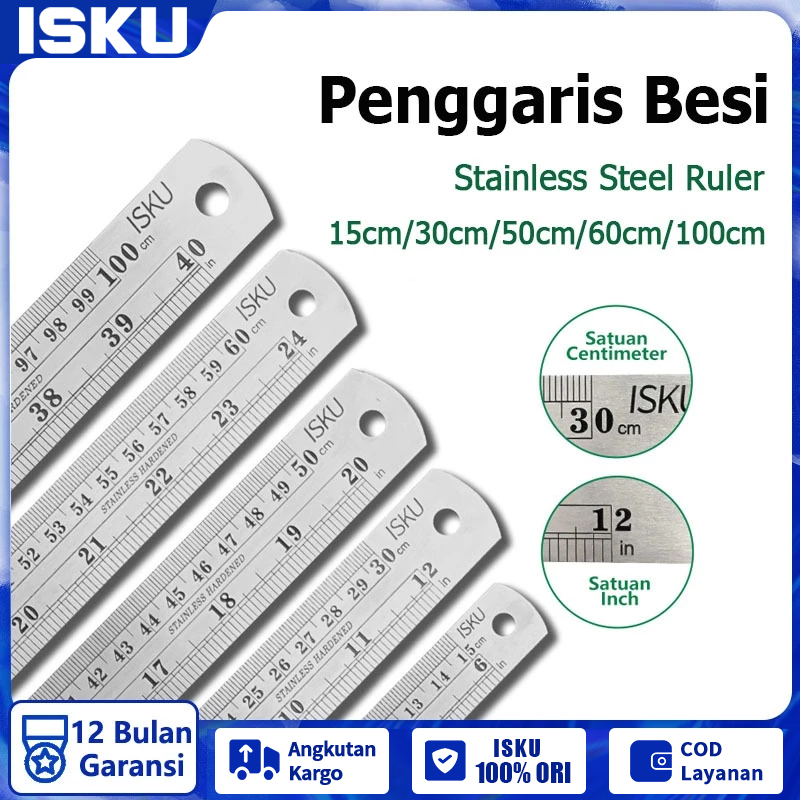 Jual ISKU Penggaris Besi 15/30/50/60/100cm Stainless Steel Ruler/Metal Ruler/Mistar Besi-1Pcs ...