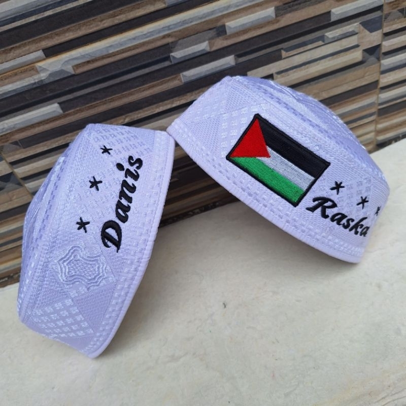 Jual Peci Kopiah Putih Bendera Palestina Plus Nama Anak | Shopee Indonesia