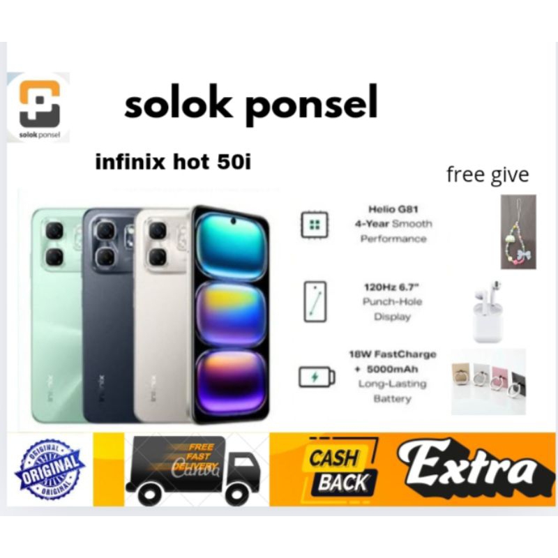 Jual Infinix Hot 50i Ram 6+6/128 GB Baterai 5000 mah 18w fast charger ...