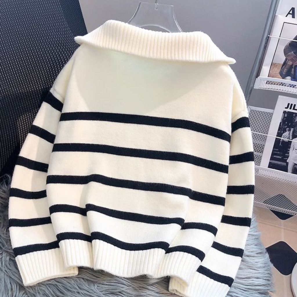 Jual NADIRA - Sweater Stripe Classy Zipper Rajut Wol Santai V-Neck ...