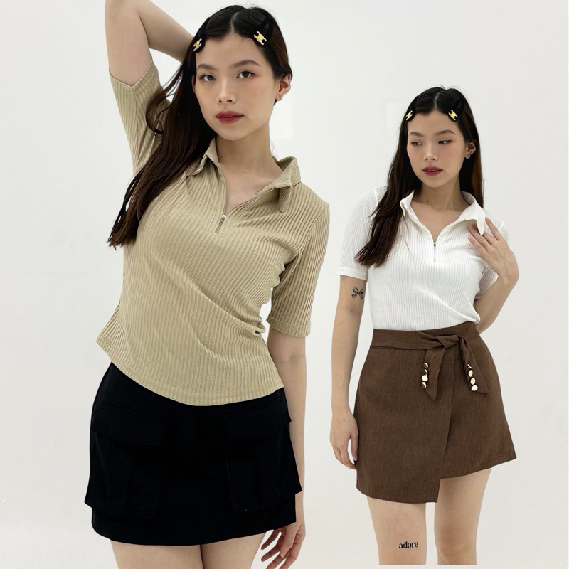 Jual LOTUS Laura Top - Atasan Baju Polo Wanita - Rib Knit Wowen Zipper ...