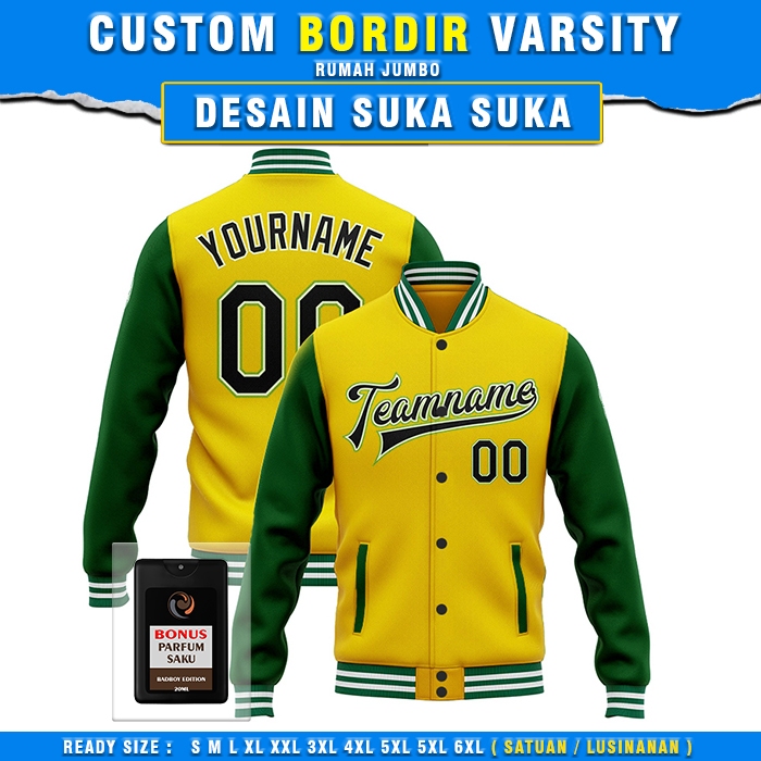 Jual Jaket Varsity Custom Bordir satuan KUNING HIJAU BOTOL jaket ...