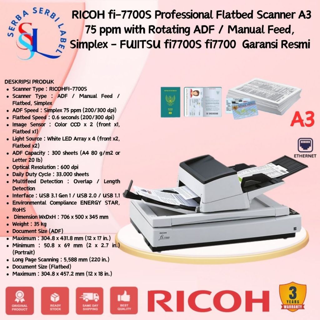 Jual RICOH fi-7700S Professional Flatbed Scanner A3 75 ppm with Rotating ADF / Manual Feed ...