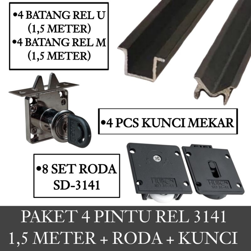 Jual (4 Pintu + Kunci) Paket 4 Rel U M 3141 Lenaga 1,5 M + 8 Set Roda ...