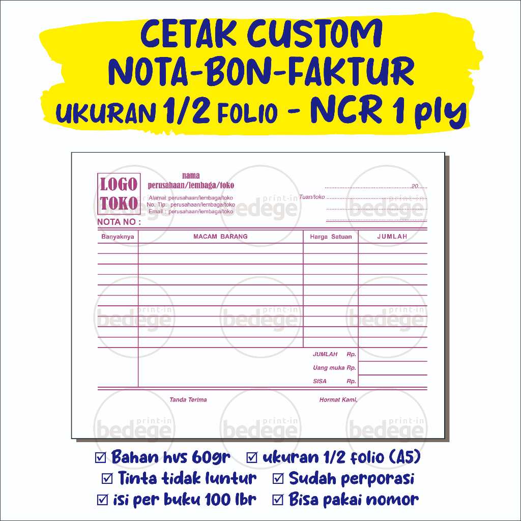 Jual CETAK NOTA/BON/FAKTUR, NCR 1 PLY, CUSTOM NAMA TOKO, WARUNG ...