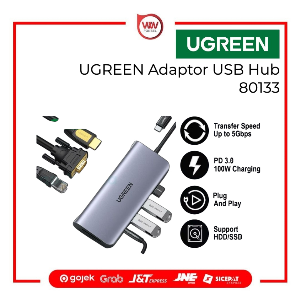 Jual UGREEN 80133 Adaptor USB Hub 10 in 1 Type C To RJ45 HDMI VGA SD ...