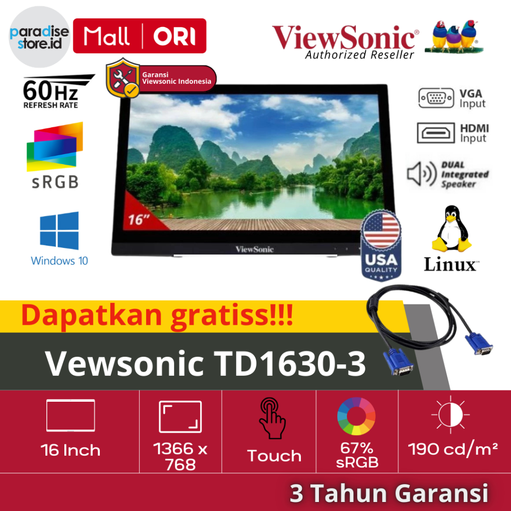 Jual ViewSonic 16" Touch Screen Monitor TD1630-3 10-Point Touch HDMI ...
