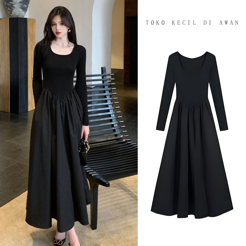 Jual Dress Hitam Gaun Lengan Panjang Gaun Warna Hitam Gaun Korean Gaun ...