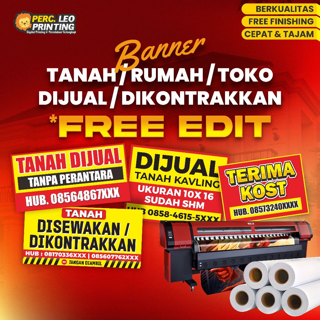 Jual Spanduk banner Tanah Rumah Dijual Dikontrakkan Ukuran Bisa Custom ...