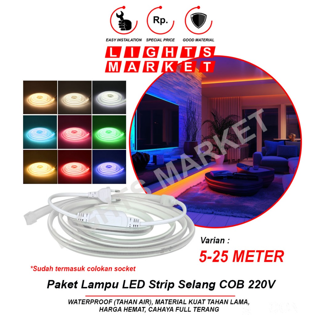 Jual Siap Pakai Tinggal Colok! Lampu LED Strip COB 220V Dotless Super ...