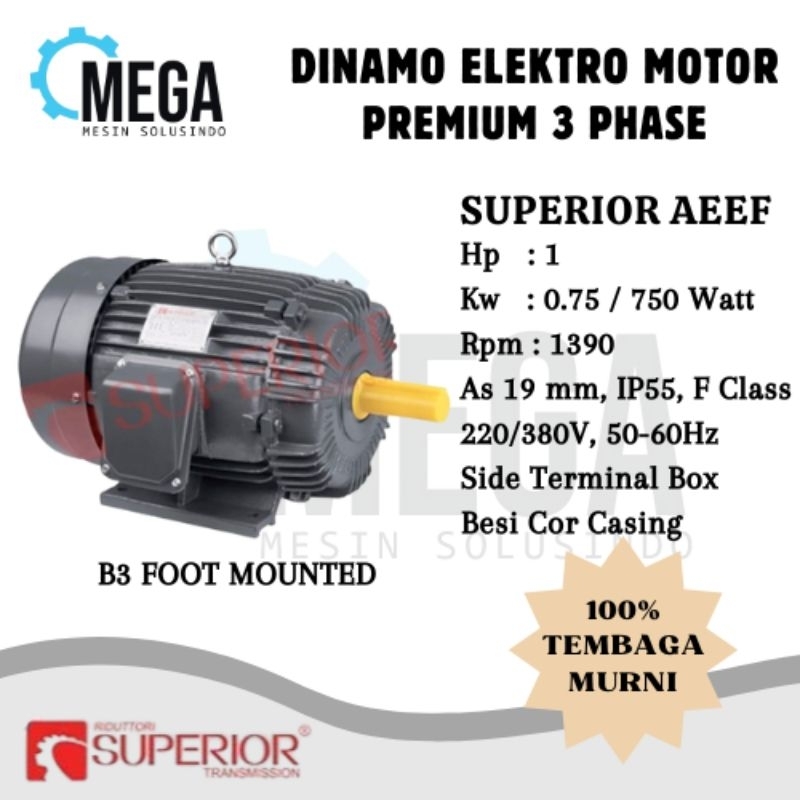 Jual Superior 3 Phase 1 HP 1400rpm 4 pole High Quality -- Electro Motor 0.75 KW Dinamo Duduk ...