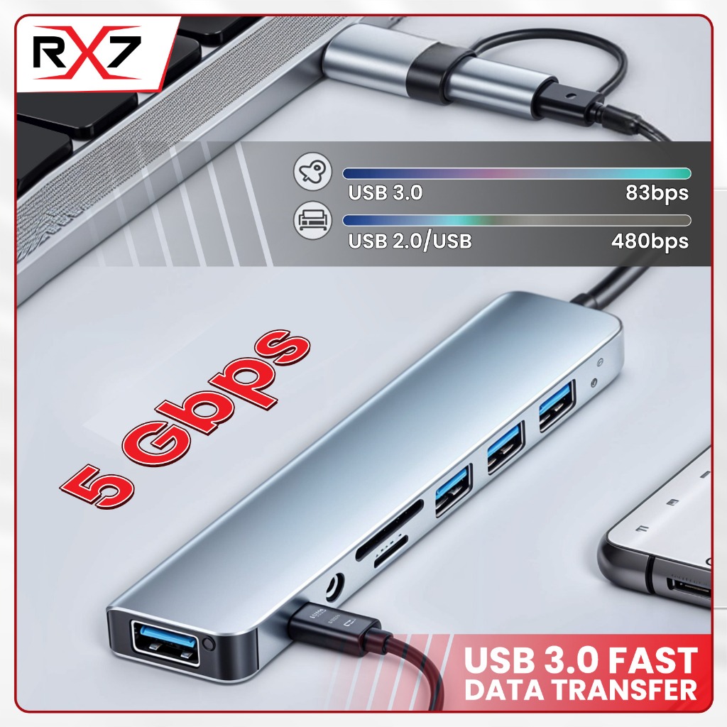Jual Usb Hub 3.0 8in1 Type C to Usb 4+Sd+TF Card Reader+3.5mm RX7 Resmi ...