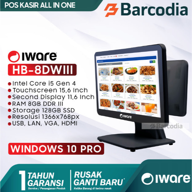 Jual Pos All In One Mesin Kasir Touchscreen Dual Monitor Display Intel Core I5 Iware HB-8DWIII ...