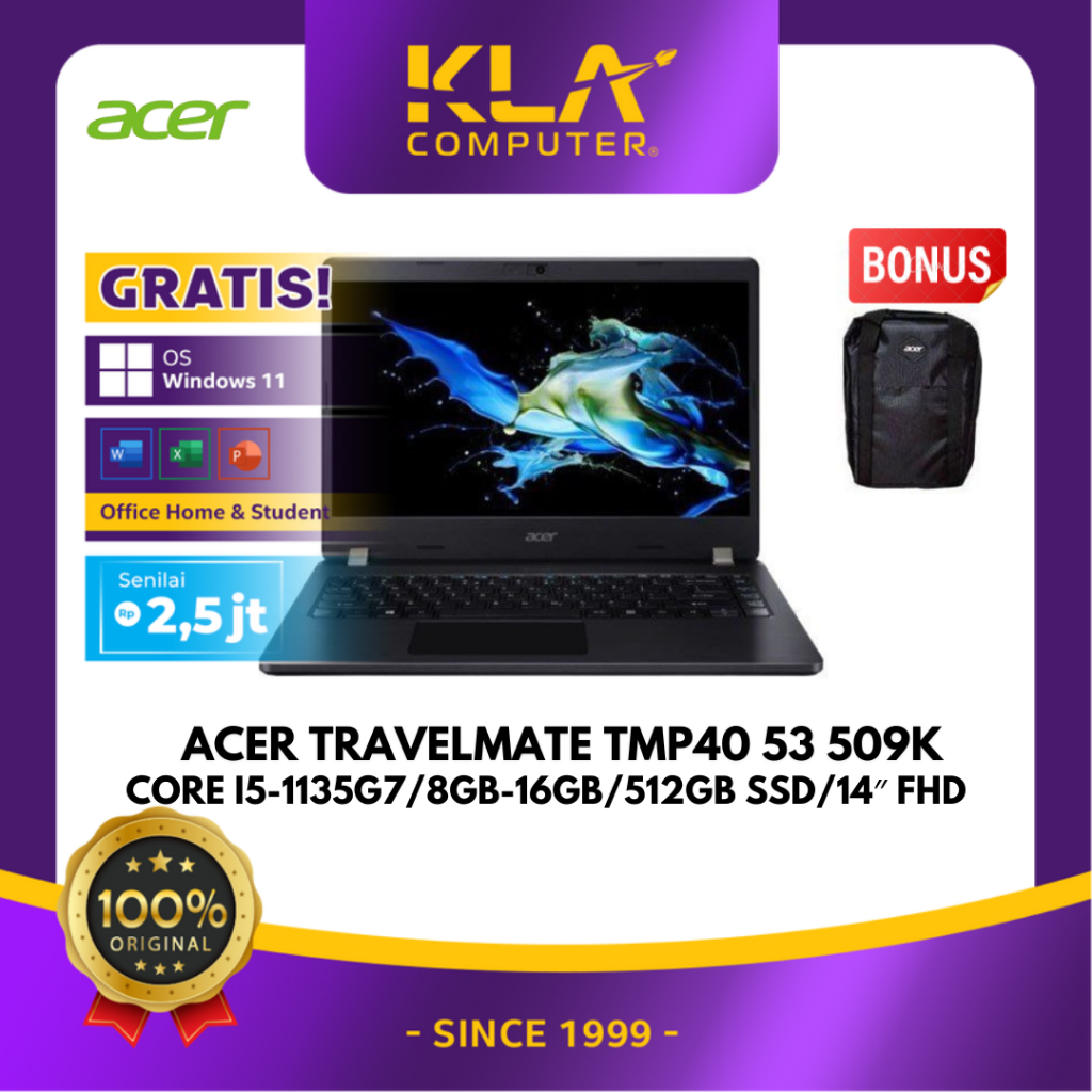 Jual Acer Travelmate TMP40-53-509K /Core i5-1135G7/8GB-16GB/512GB SSD ...