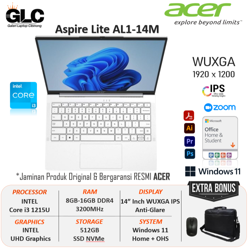 Jual Laptop Acer ASPIRE LITE 14 AL1 14M INTEL i3 1215U 16GB DDR4 512GB ...