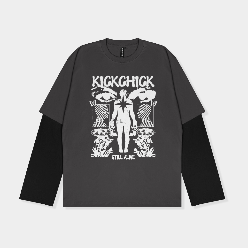 Jual Kickchick Double Sleeve Daze Black & Steel Blue| Kaos Oversize ...