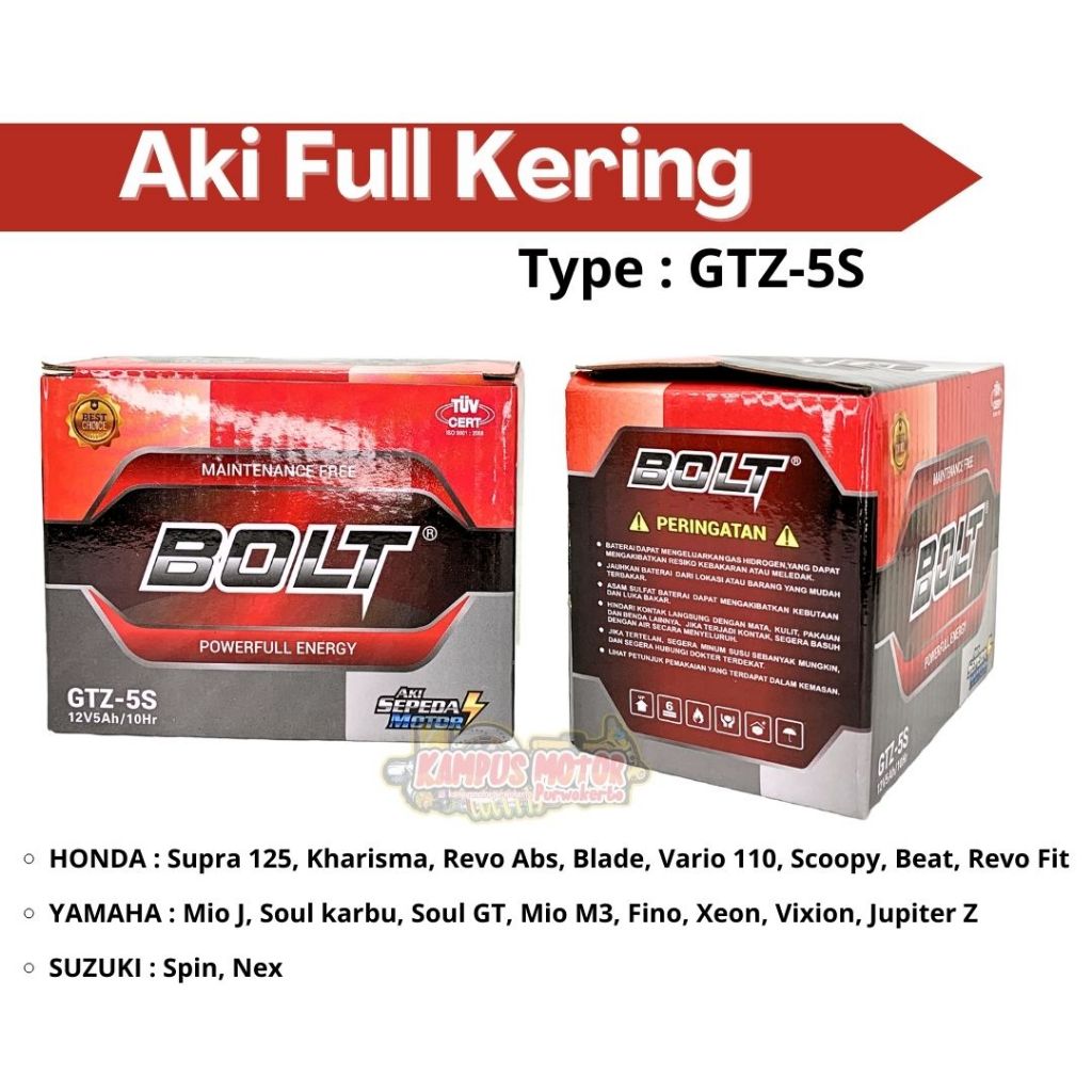 Jual Aki Full Kering GTZ-5S 12V5Ah/10Hr Merk BOLT | Batrei motor kering ...