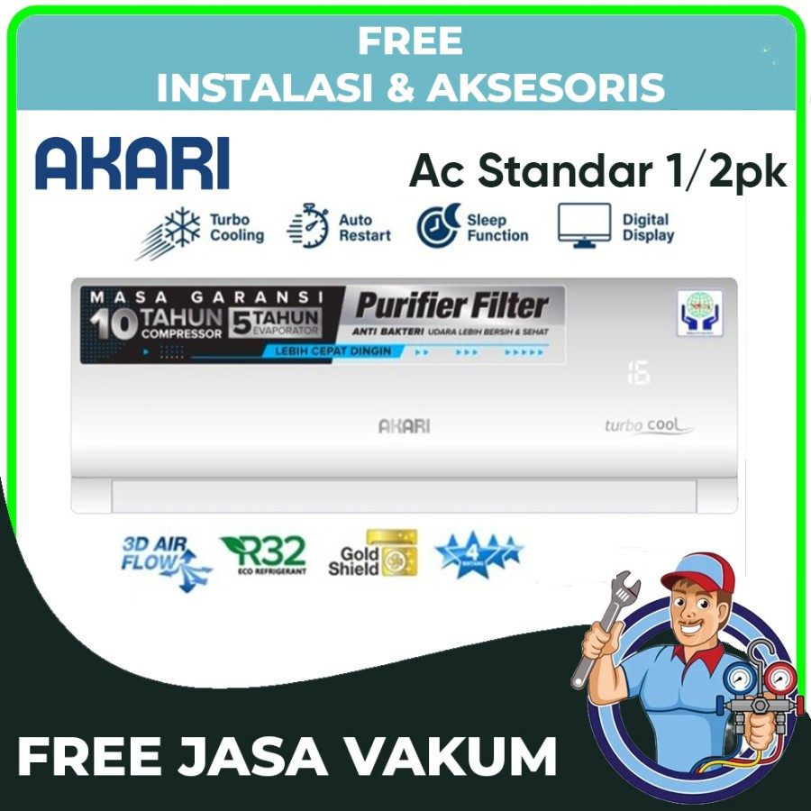 Jual AC AKARI 1/2 PK + PASANG AKARI A-05TC88 LOW WATT 400W - TURBO COOL GOLD FIN | Shopee Indonesia