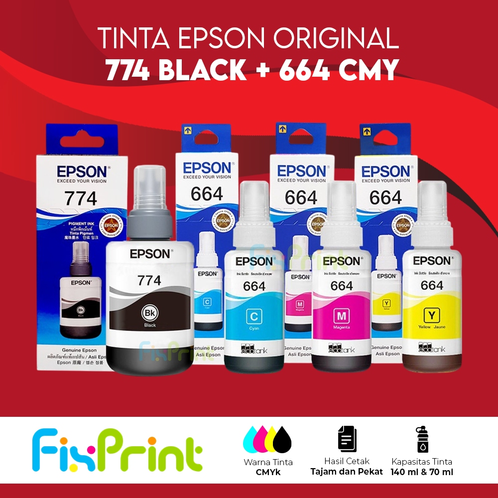 Jual Tinta Refill Botol Epson T774 774 Black + T664 664 CMY Original ...