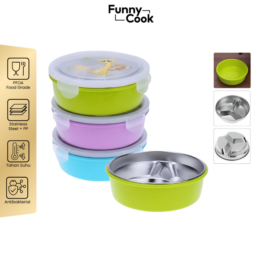 Jual FUNNYCOOK Lunch Box Stainless Bulat Premium Gambar Kartun 3 Sekat ...