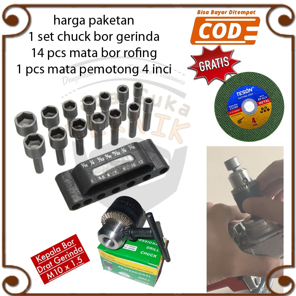 Jual Kunci Mata Sok Baut Roofing 14pcs + Chuck Adaptor Mesin Gerinda ...