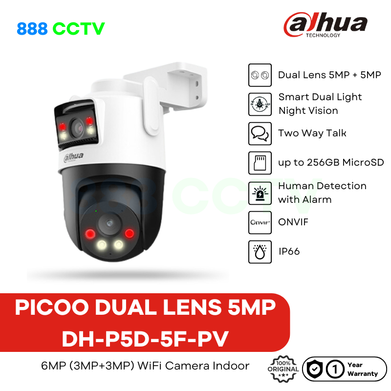 Jual Camera Wifi Dahua Picoo Dual D1 10MP (5MP+5MP) Dual Lens Smart CCTV Outdoor DH-P5D-5F-PV ...