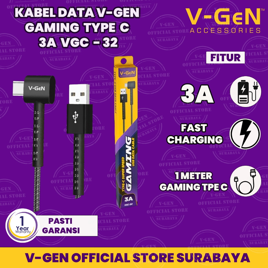Jual Kabel Data Gaming USB To Type C V-GeN VGC-32 Super Speed 3A QC3.0 1 Meter | Shopee Indonesia