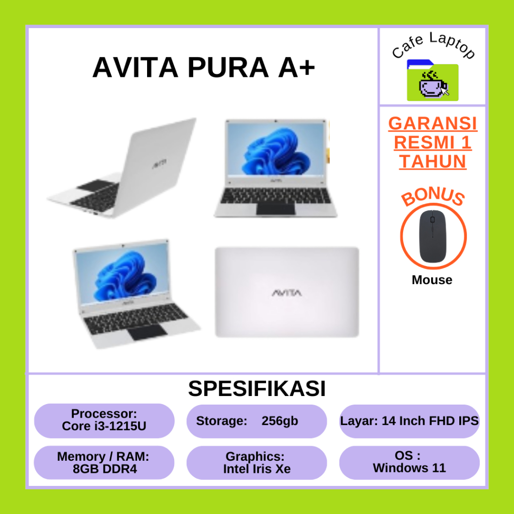 Jual Laptop Avita Pura A+ Core i3-1215U ram 8GB 256GB 14" IPS Windows ...