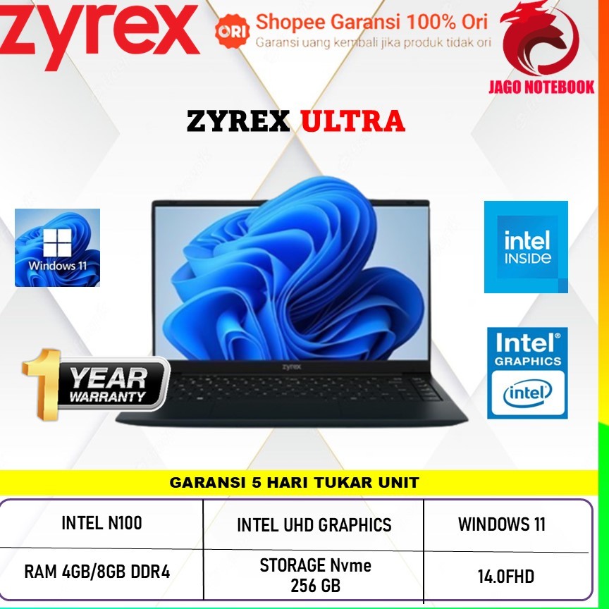 Jual ZYREX ULTRA INTEL N100 8GB 128+256GB W11 14.0FHD BLIT METAL 2Y BLK ...