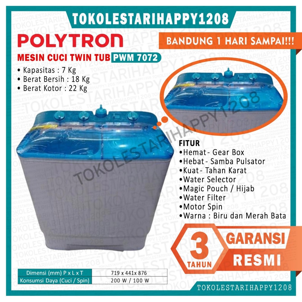 Jual Mesin Cuci Polytron 2 Tabung PWM 7072 7 kg Low Watt Hijab Mode ...