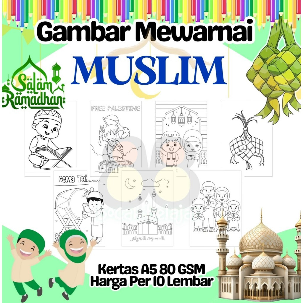 Jual 10 Lembar Kertas A5 Gambar Mewarnai Tema ISLAM MUSLIM RAMADHAN ...