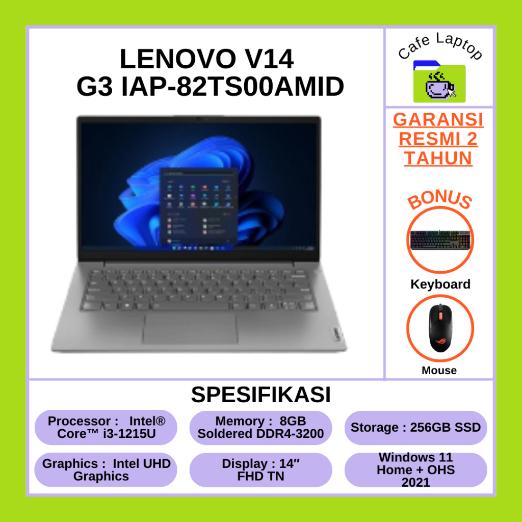 Jual Lenovo V14 G3 IAP-82TS00AMID Core i3-1215U 8GB 256GB SSD 14″ FHD TN Win 11 Home+OHS 2021 ...