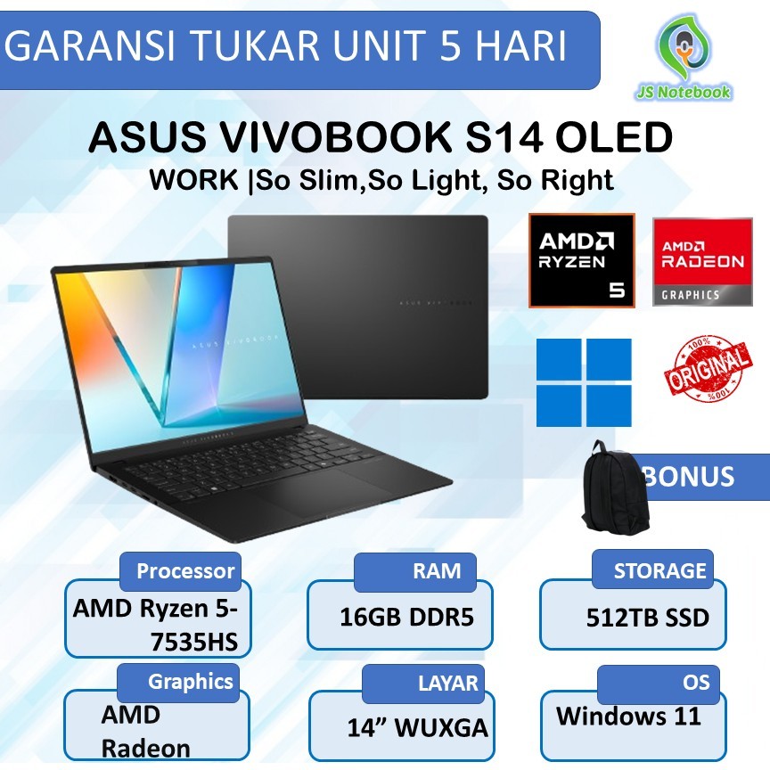 Jual LAPTOP ASUS VIVOBOOK S 14 OLED M5406NA RYZEN 5 7535HS 16GB 512GB W11+OHS 14.0 2K BLK ...