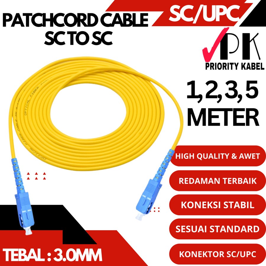 Jual Kabel Patchcord SC/UPC FO Singlemode 3.0MM Patch Cord Kuning Fiber Optik 1 Meter (1M) 2 ...