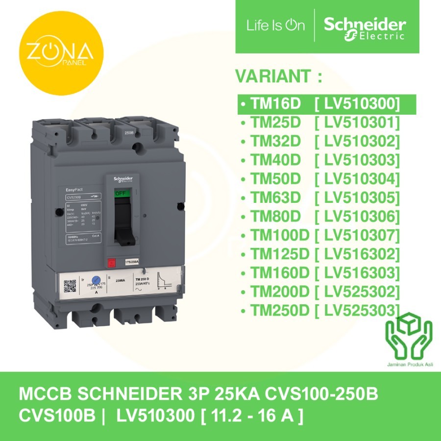 Jual MCCB SCHNEIDER EASYPACT CVS100B 3P 16A 25KA TMD TM16D LV510300 ...