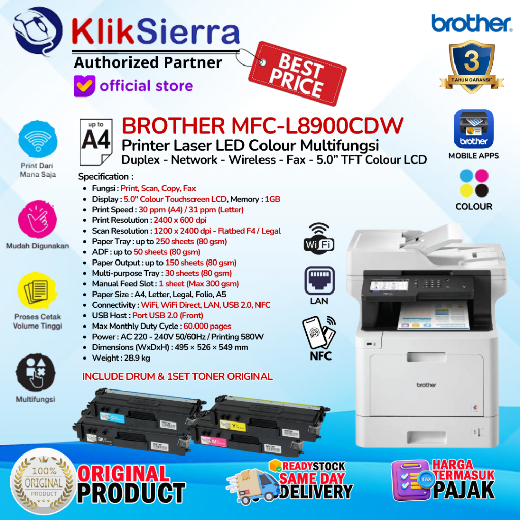 Jual BROTHER MFC-L8900CDW Printer Laser Colour AIO L8900 Color NFC ...