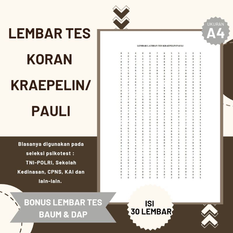 Jual LEMBAR TES KORAN A4 ISI 30 LEMBAR TES KRAEPELIN TES PAULI PSIKOTES ...