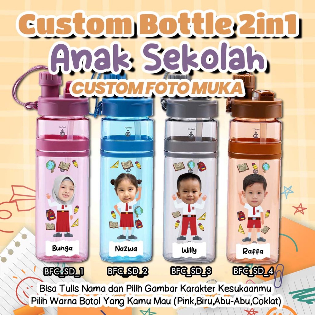 Jual Botol Minum Custom - Botol Minuman - 2in1 - Gambar Kartun Anak Sekolah SD | Shopee Indonesia