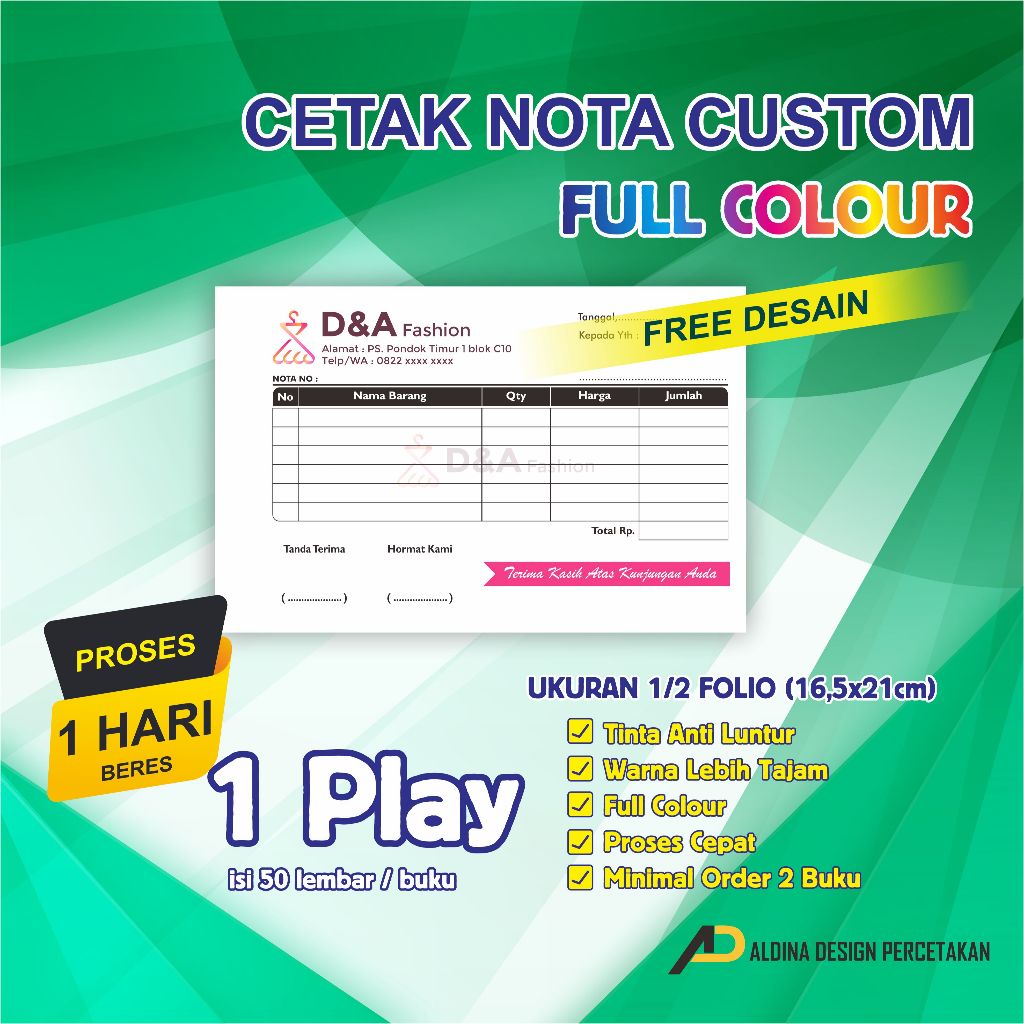 Jual Nota Aldina Custom Nama Toko sendiri, Full Colour ukuran 1/2 1 ply ...