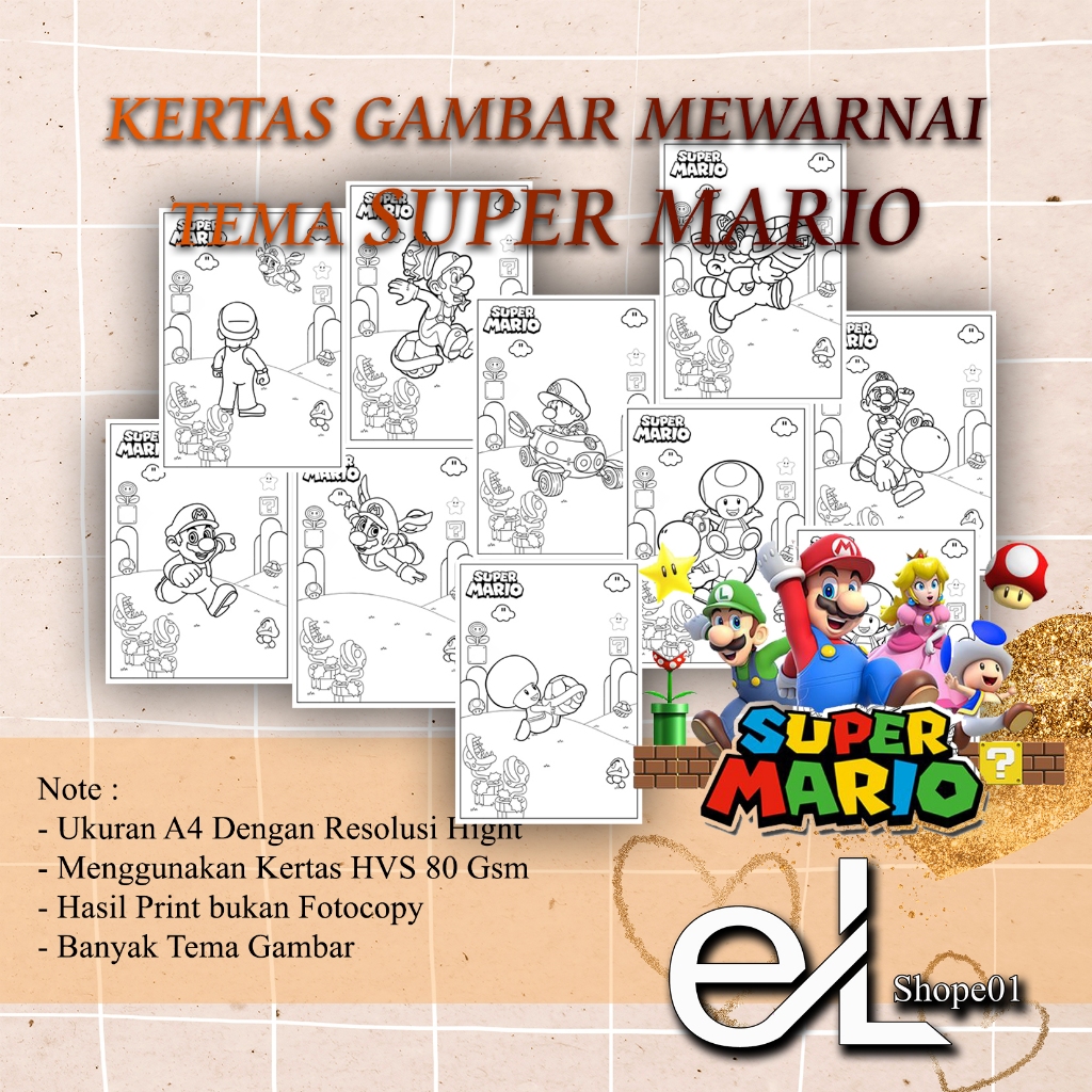 Jual 15 - 50 Lembar Gambar Mewarnai Tema SUPER MARIO | Shopee Indonesia