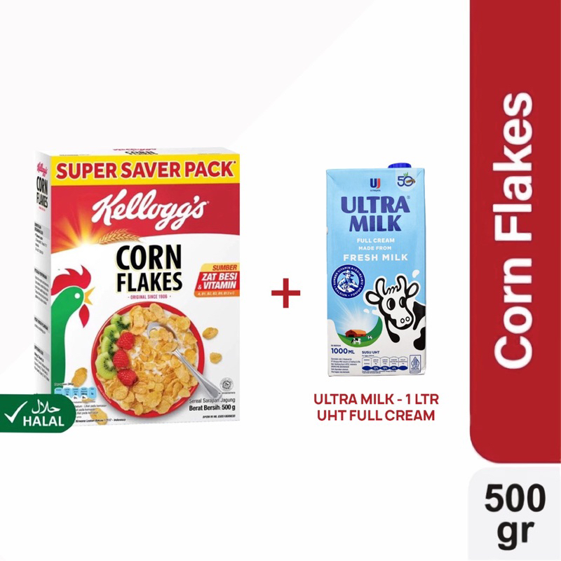 Jual Kelloggs Corn Flakes 500 gr + Susu Ultra Milk 1000 ml | Shopee ...