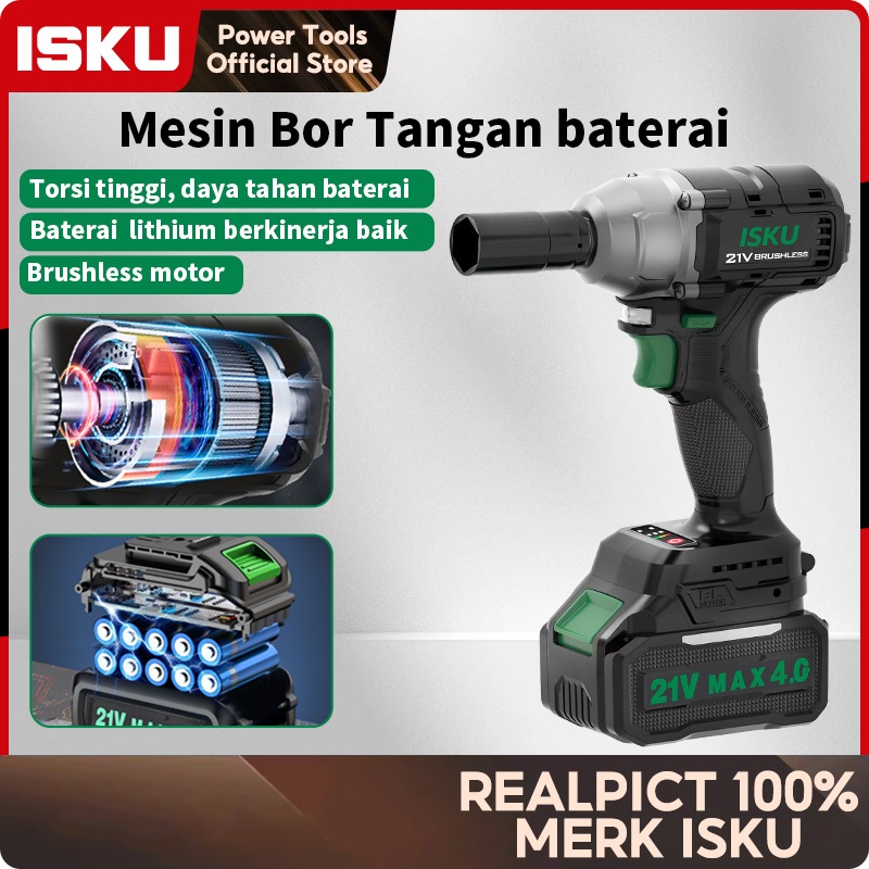Jual ISKU Cordless Impact Wrench Brushless 21V 350N.M 2baterai Impek ...