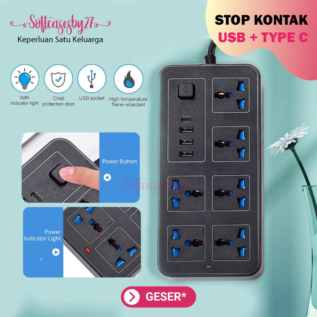 Jual Soket Stop Kontak USB dengan Sakelar Independen dengan 3 Port USB Bercahaya dengan Kabel 2M ...