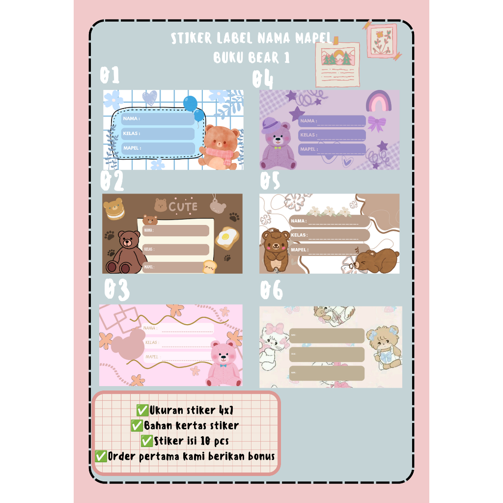 Jual Stiker Label Nama Mapel Buku Bear 1 isi 10 pcs | Shopee Indonesia