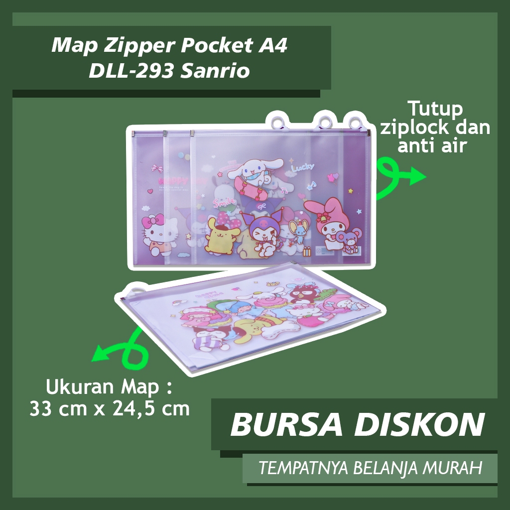 Jual Map Zipper Pocket A4 DLL-293 Sanrio Folder Dokumen Zip Lock ...